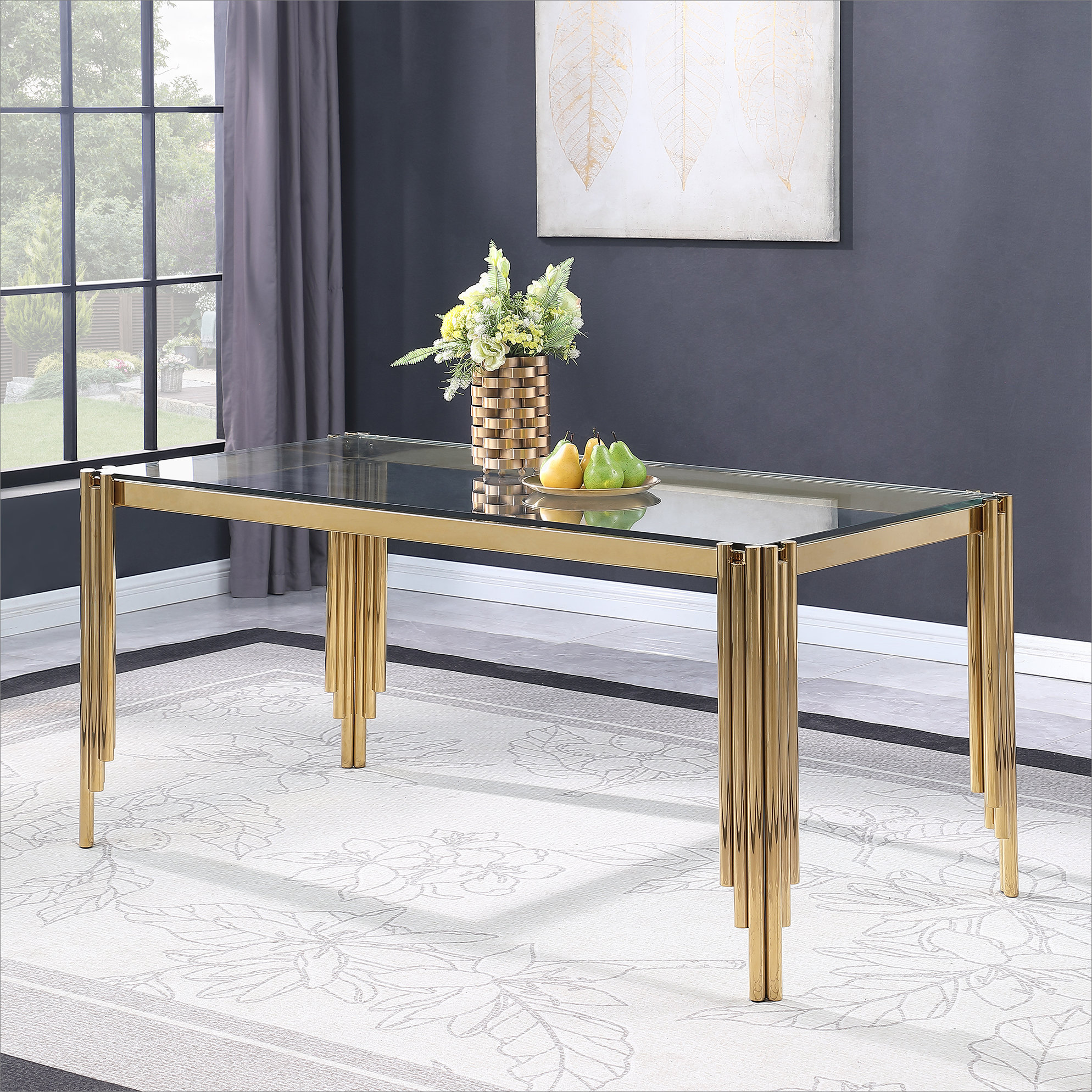 Everly Quinn 65" Rectangle Glass Dining Table, Tempered Glass Tabletop and Polished Gold Legs ...